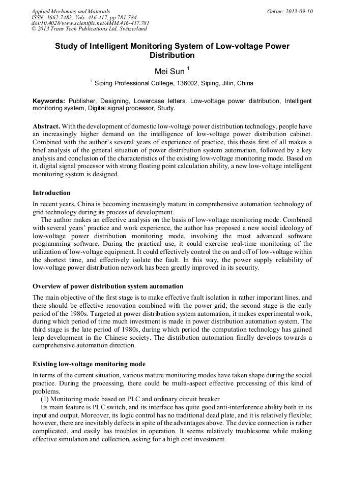 Study of Intelligent Monitoring System of Low-Voltage Power ...