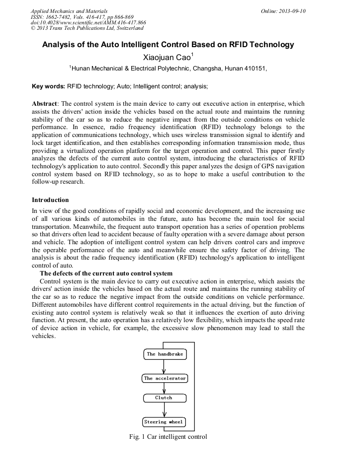 Analysis of the Auto Intelligent Control Based on RFID Technology ...