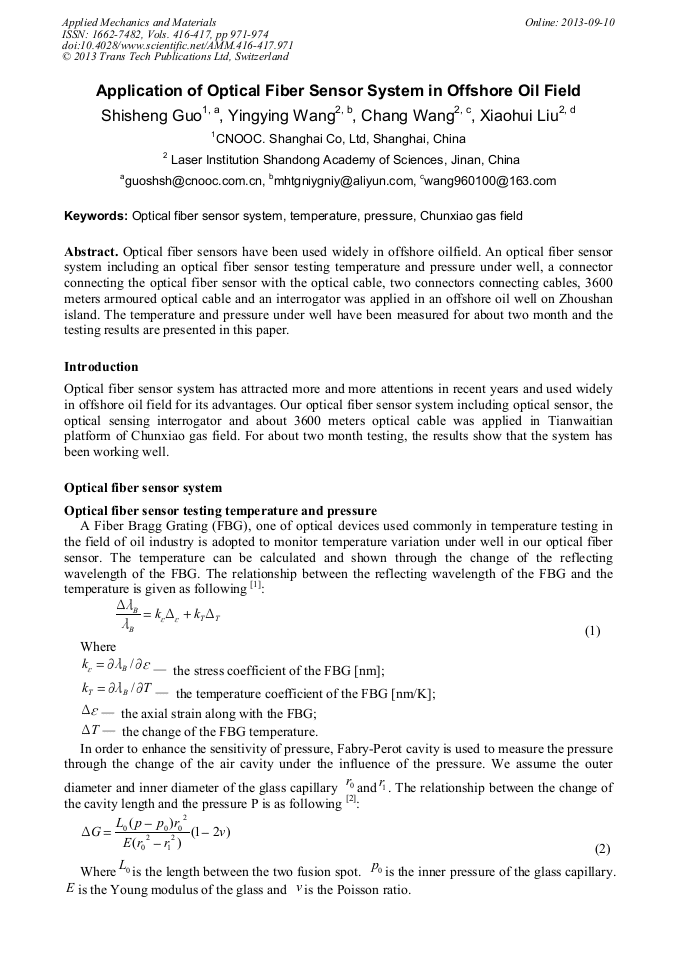 Application of Optical Fiber Sensor System in Offshore Oil Field ...