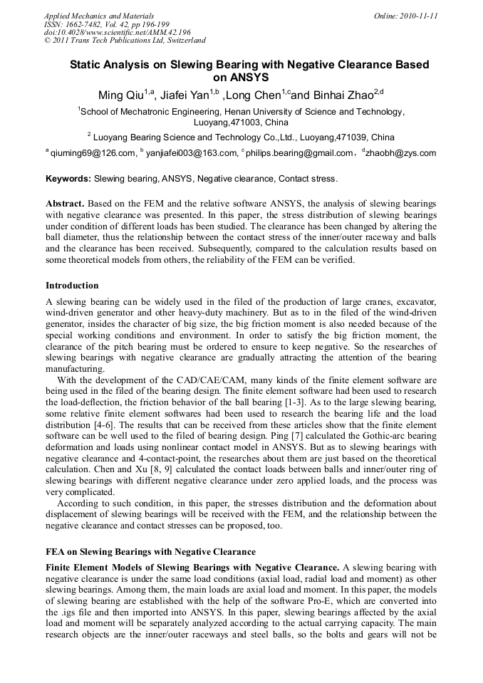 Static Analysis on Slewing Bearing with Negative Clearance Based on ...