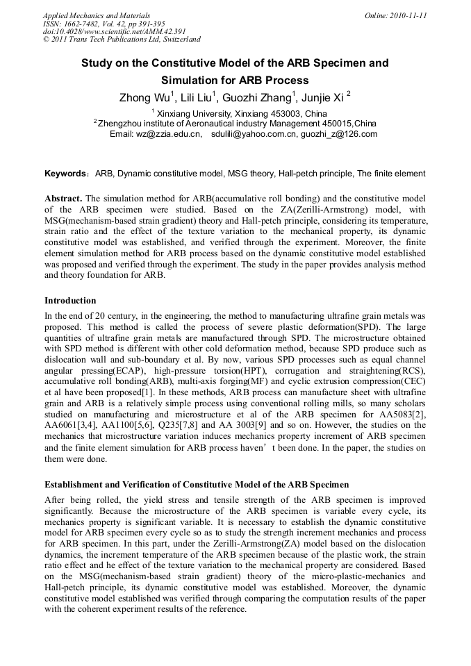 Study on the Constitutive Model of the ARB Specimen and Simulation for ...