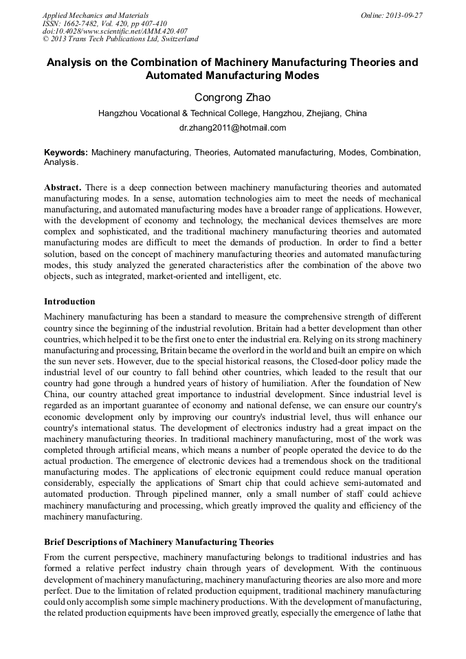 Analysis on the Combination of Machinery Manufacturing Theories and ...