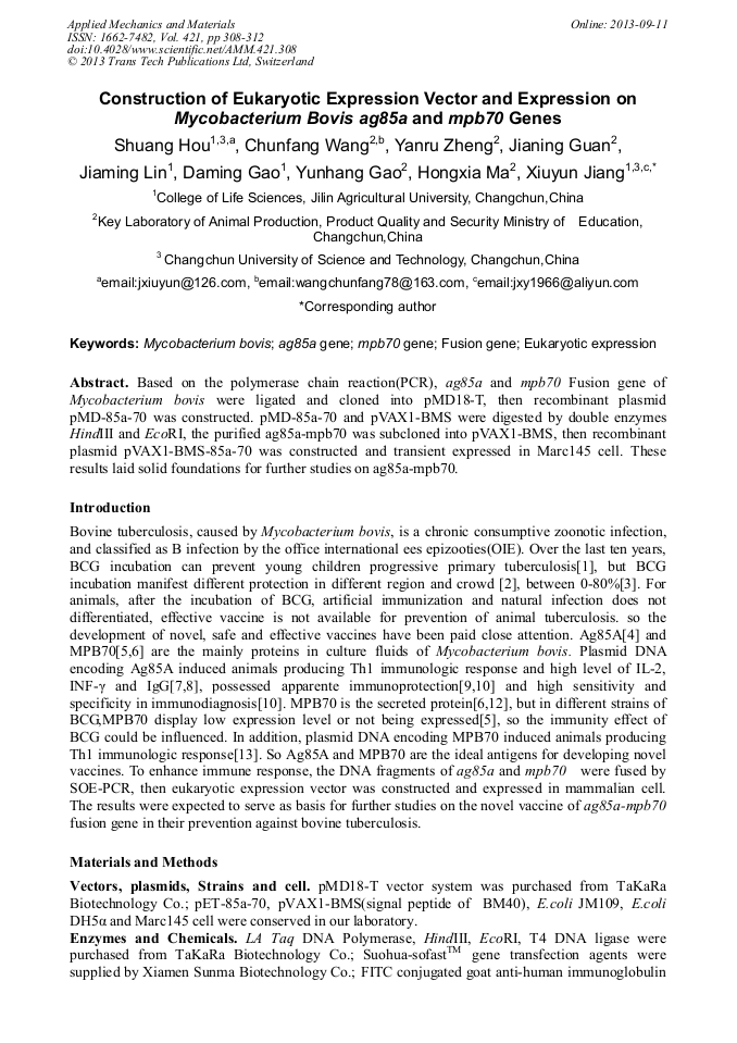Construction of Eukaryotic Expression Vector and Expression on Mycobacterium bovis ag85a and ...