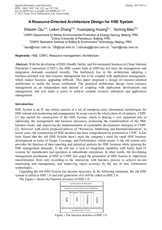 A Resource-Oriented Architecture Design for HSE System | Scientific.Net