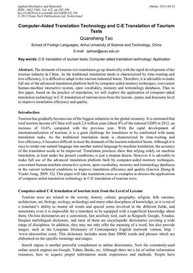 Computer-Aided Translation Technology and C-E Translation of Tourism ...