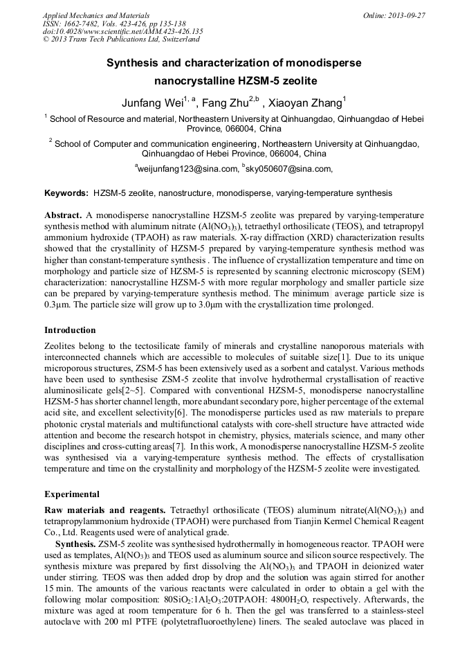 Synthesis and Characterization of Monodisperse Nanocrystalline HZSM-5 Zeolite | Scientific.Net