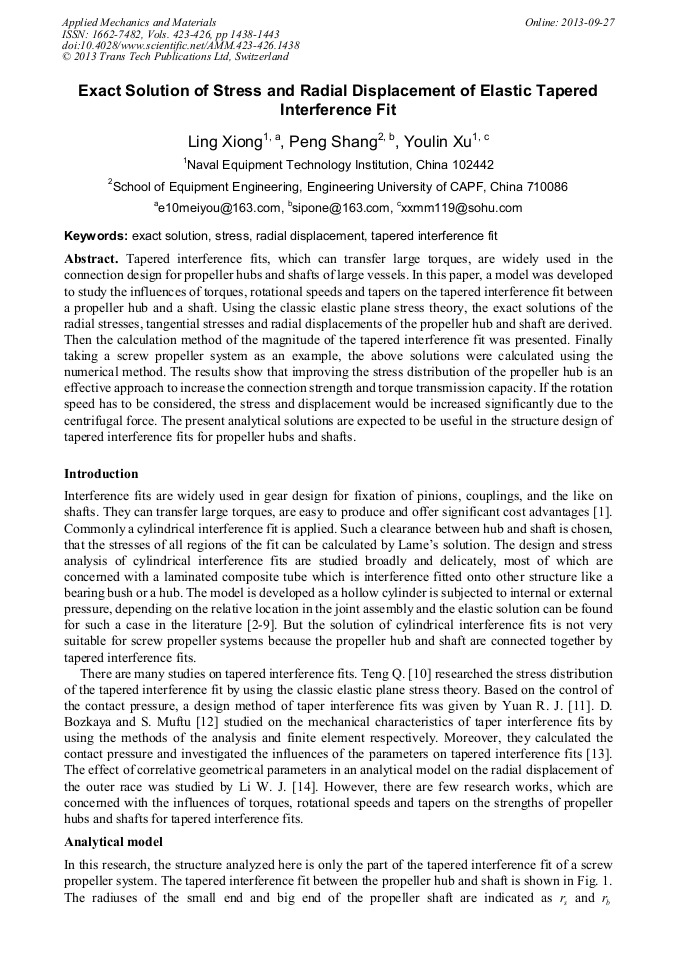 Exact Solution of Stress and Radial Displacement of Elastic Tapered ...