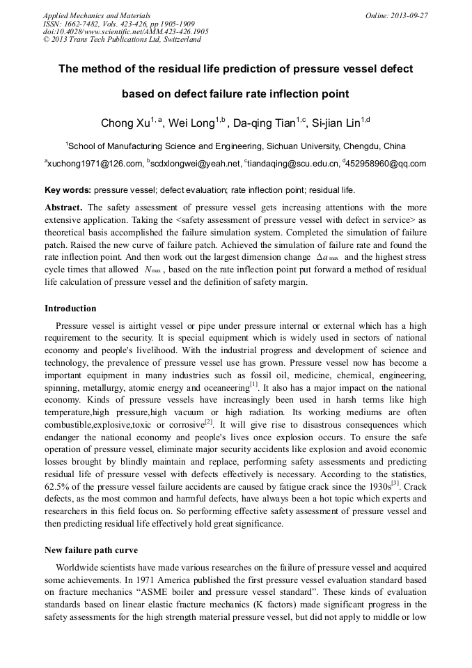 The Method of the Residual Life Prediction of Pressure Vessel Defect ...