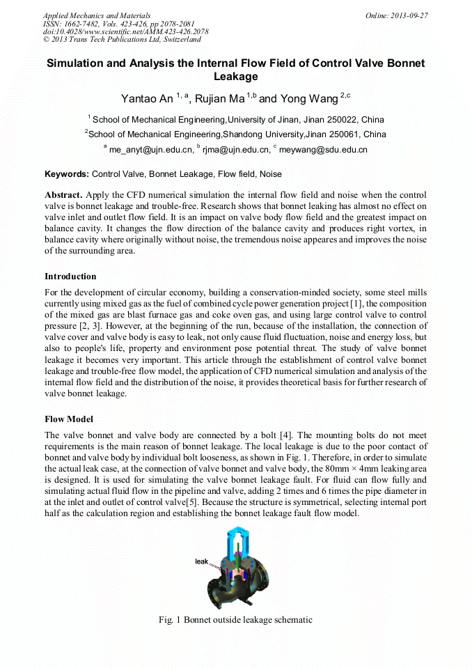 Simulation and Analysis the Internal Flow Field of Control Valve Bonnet ...