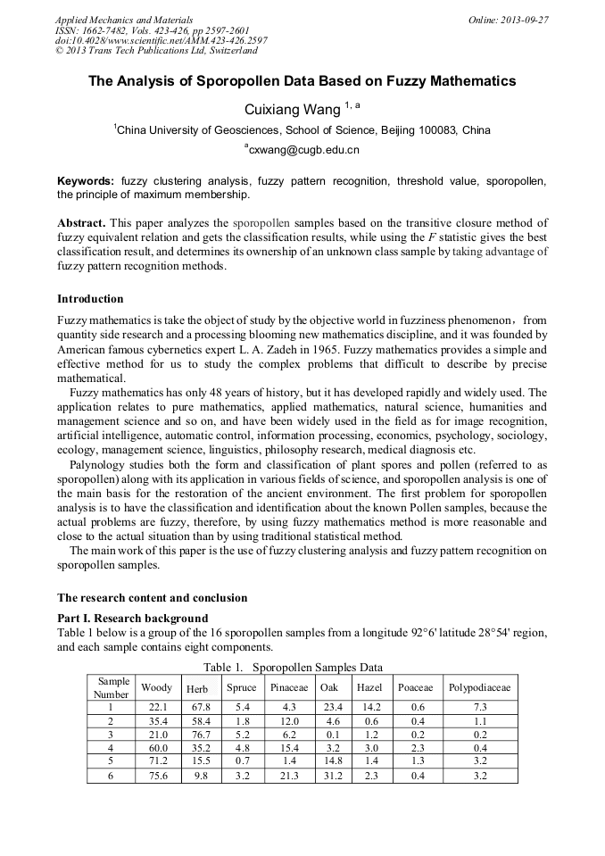 The Analysis of Sporopollen Data Based on Fuzzy Mathematics ...