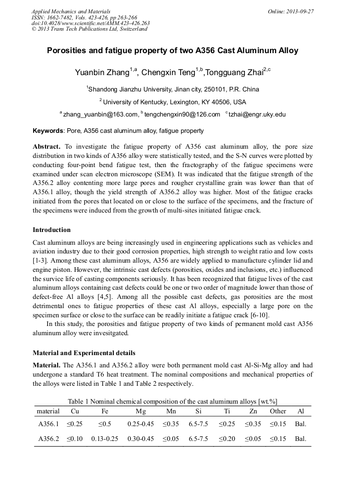 Porosities and Fatigue Property of Two A356 Cast Aluminum Alloy ...