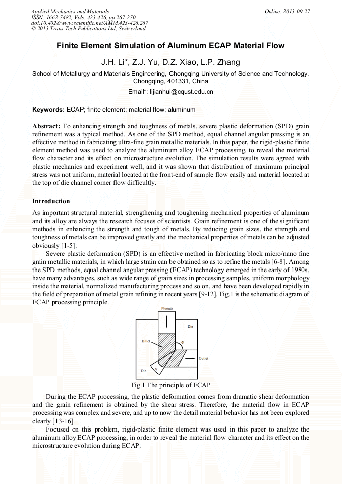 Finite Element Simulation of Aluminum ECAP Material Flow | Scientific.Net