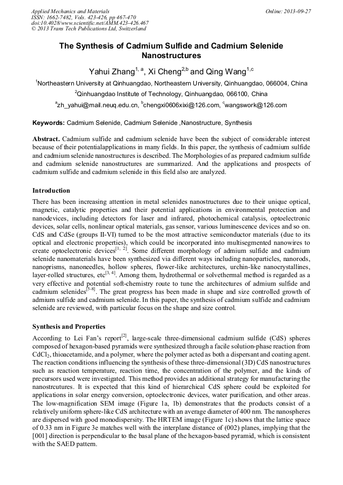 The Synthesis of Cadmium Sulfide and Cadmium Selenide Nanostructures | Scientific.Net