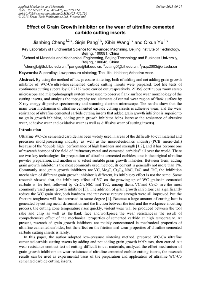 Effect of Grain Growth Inhibitor on the Wear of Ultrafine Cemented ...