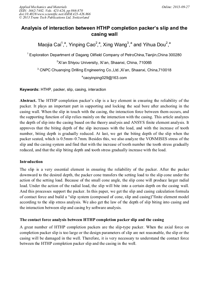 Analysis of Interaction between HTHP Completion Packer's Slip and the ...