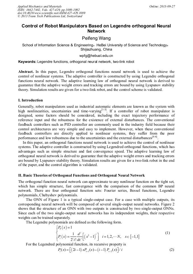 Control of Robot Manipulators Based on Legendre Orthogonal Neural Network | Scientific.Net