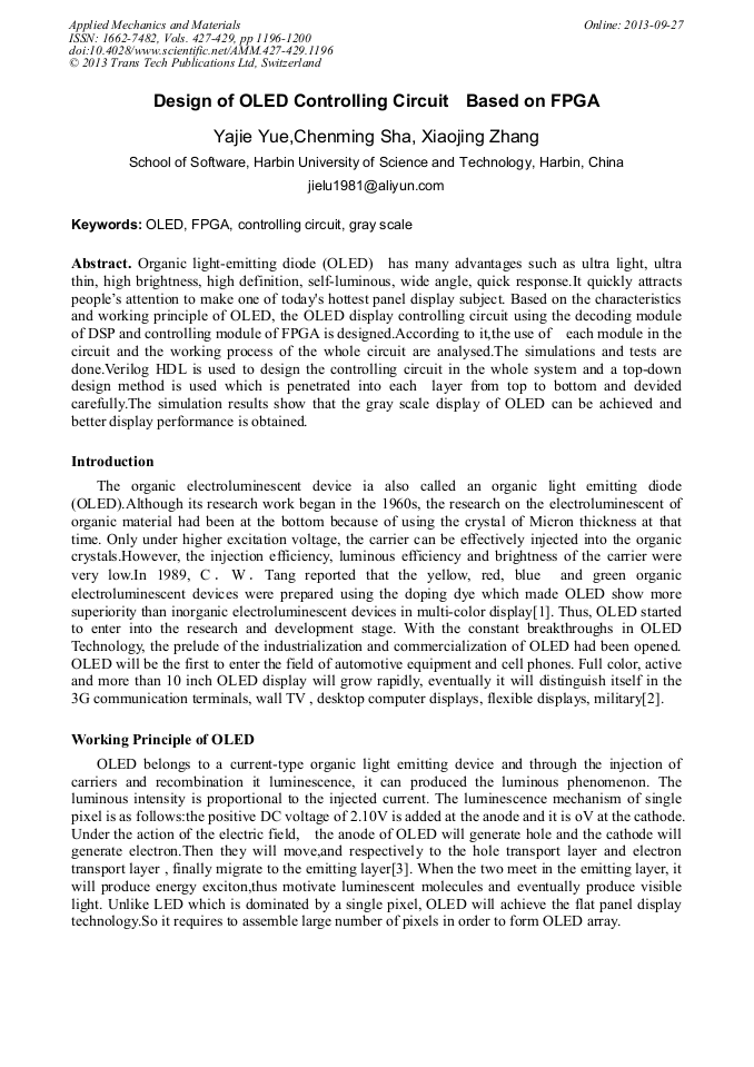 Design of OLED Controlling Circuit Based on FPGA | Scientific.Net