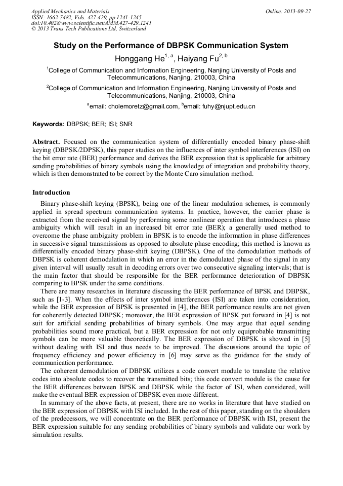 Study on the Performance of DBPSK Communication System | Scientific.Net