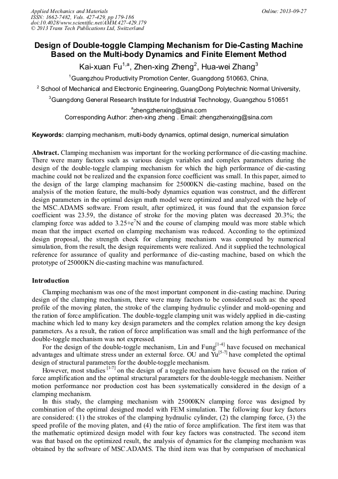Design of Double-Toggle Clamping Mechanism for Die-Casting Machine ...