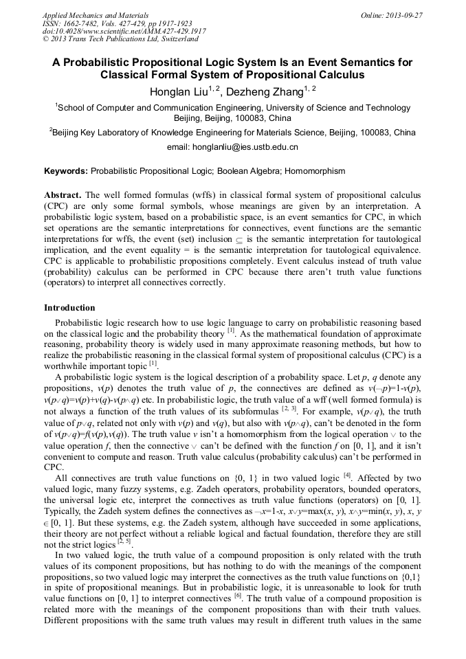 A Probabilistic Propositional Logic System is an Event Semantics for ...