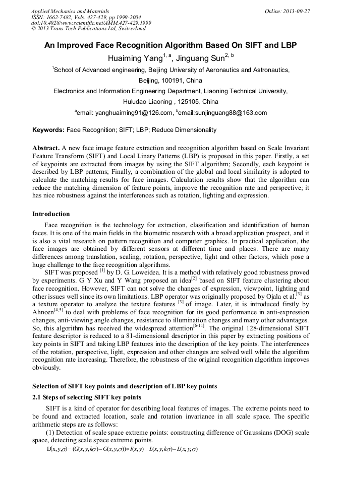 An Improved Face Recognition Algorithm Based on SIFT and LBP | Scientific.Net