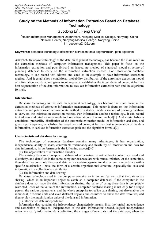 Study on the Methods of Information Extraction Based on Database ...