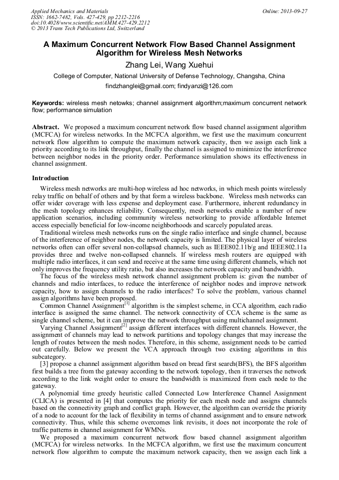A Maximum Concurrent Network Flow Based Channel Assignment Algorithm for Wireless Mesh Networks ...