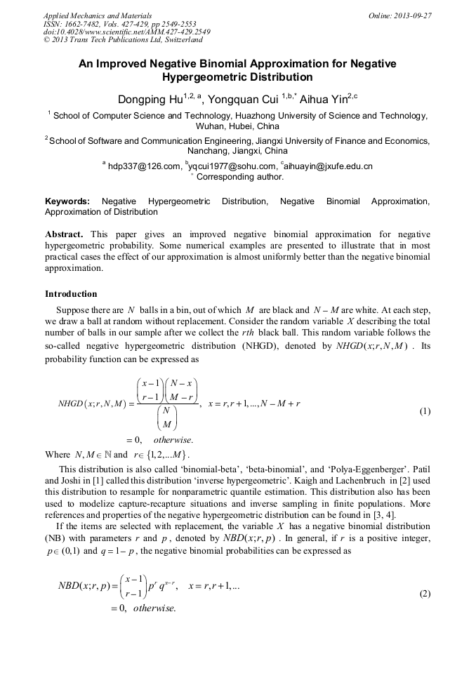An Improved Negative Binomial Approximation for Negative Hypergeometric Distribution ...