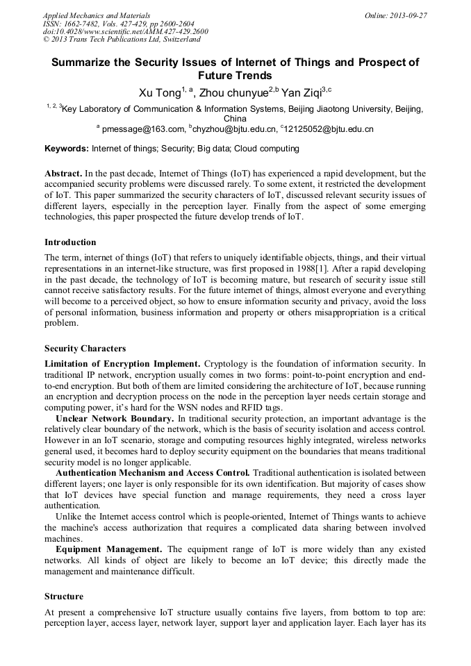 Summarize the Security Issues of Internet of Things and Prospect of ...