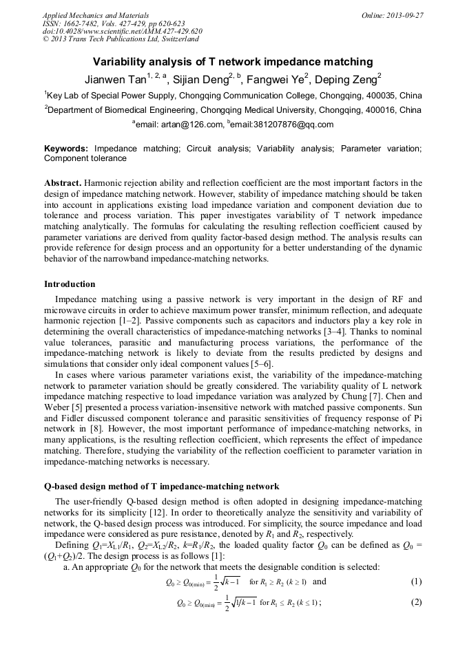 Variability Analysis of T Network Impedance Matching | Scientific.Net
