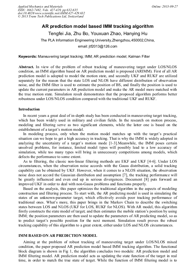 AR Prediction Model Based IMM Tracking Algorithm | Scientific.Net