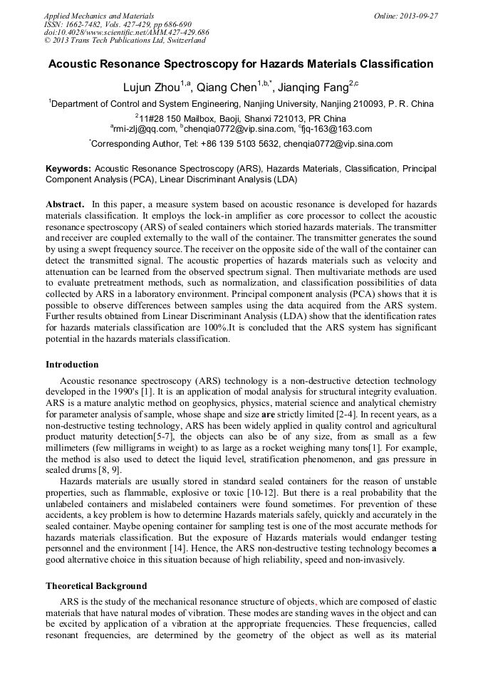 Acoustic Resonance Spectroscopy for Hazards Materials Classification ...