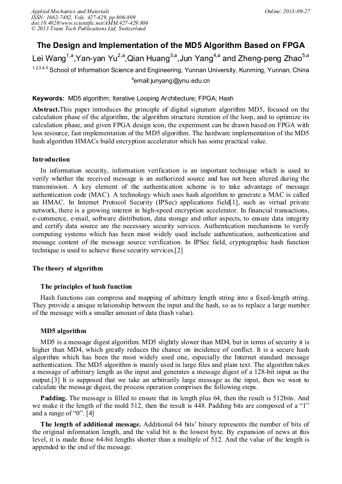 The Design and Implementation of the MD5 Algorithm Based on FPGA | Scientific.Net