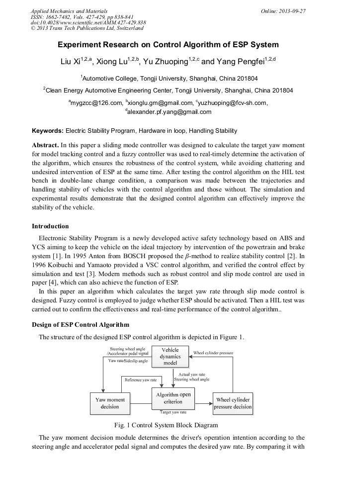 Experiment Research on Control Algorithm of ESP System | Scientific.Net