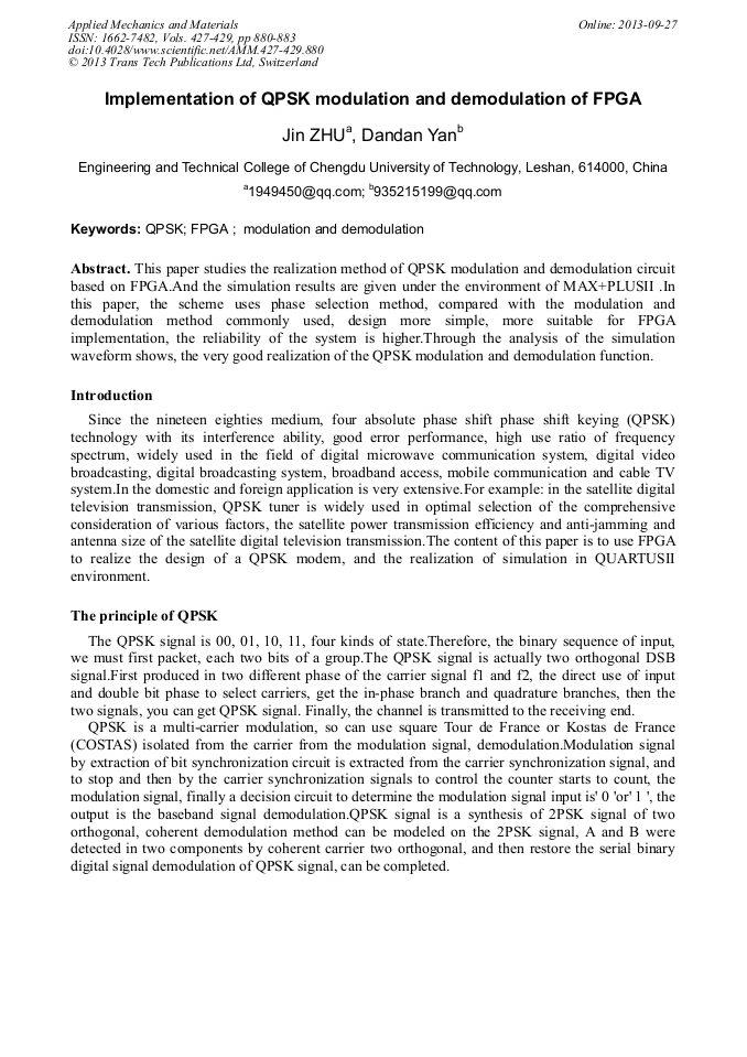 Implementation Of Qpsk Modulation And Demodulation Of Fpga Scientificnet