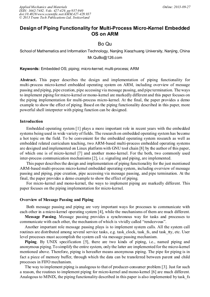 Design of Piping Functionality for Multi-Process Micro-Kernel Embedded ...