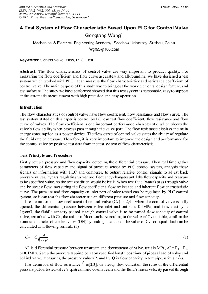 A Test System of Flow Characteristic Based upon PLC for Control Valve ...