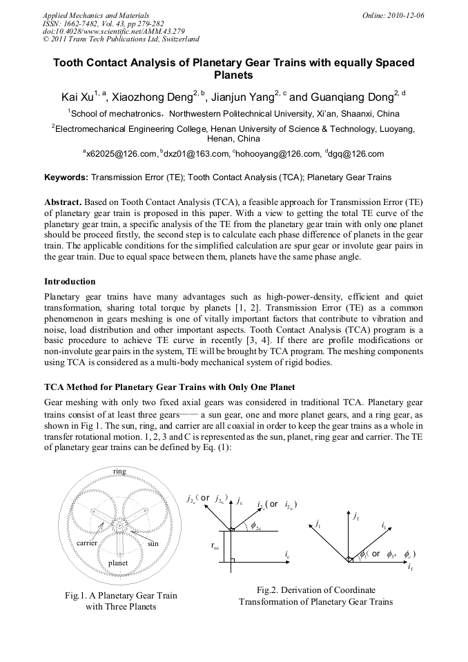Tooth Contact Analysis of Planetary Gear Trains with Equally Spaced ...