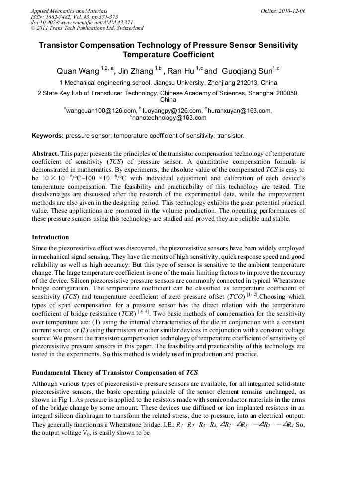 Transistor Compensation Technology of Pressure Sensor Sensitivity ...