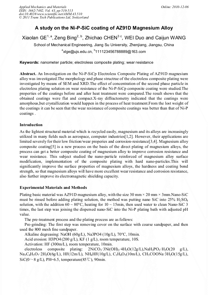 A Study on the Ni-P-SiC Coating of AZ91D Magnesium Alloy | Scientific.Net