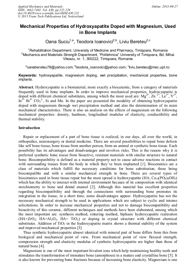 Mechanical Properties of Hydroxyapatite Doped with Magnesium, Used in ...