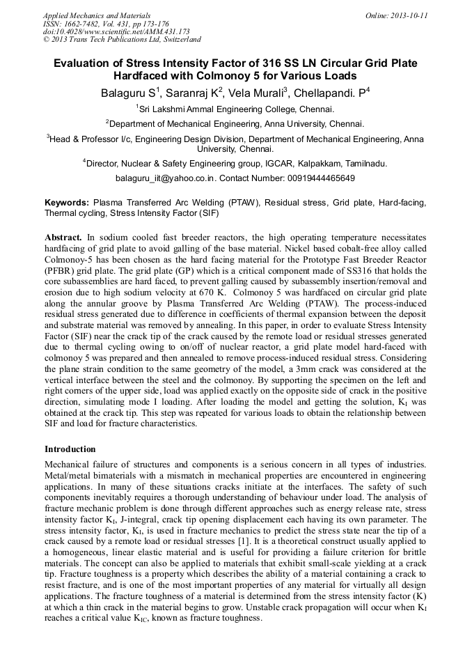 Evaluation of Stress Intensity Factor of 316 SS LN Circular Grid Plate ...