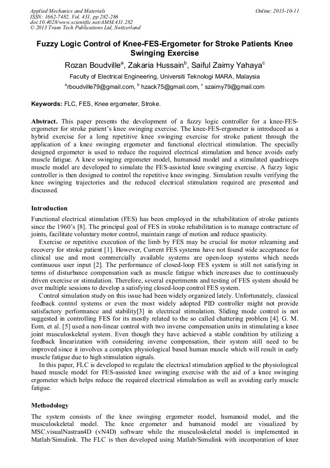 Fuzzy Logic Control of Knee-FES-Ergometer for Stroke Patients Knee ...