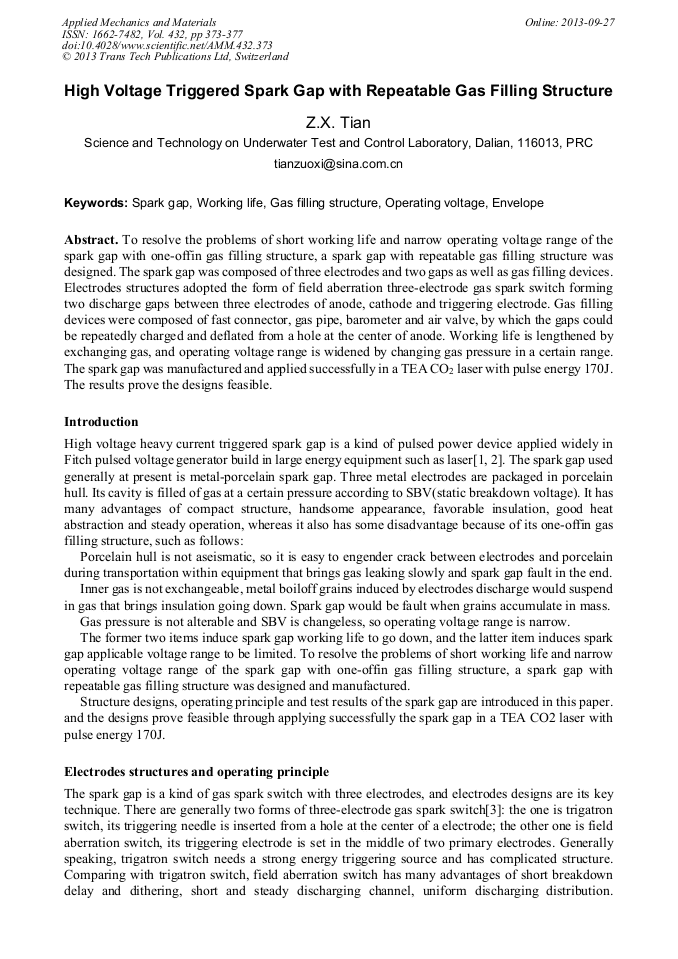 High Voltage Triggered Spark Gap with Repeatable Gas Filling Structure | Scientific.Net