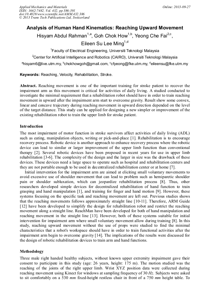 Analysis of Human Hand Kinematics: Reaching Upward Movement ...