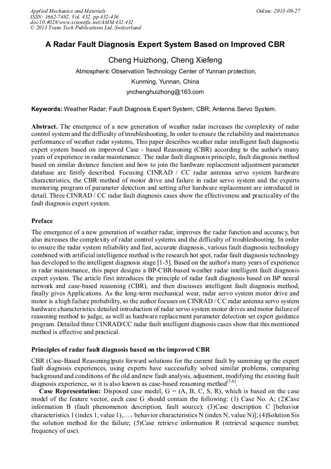 A Radar Fault Diagnosis Expert System Based on Improved CBR ...