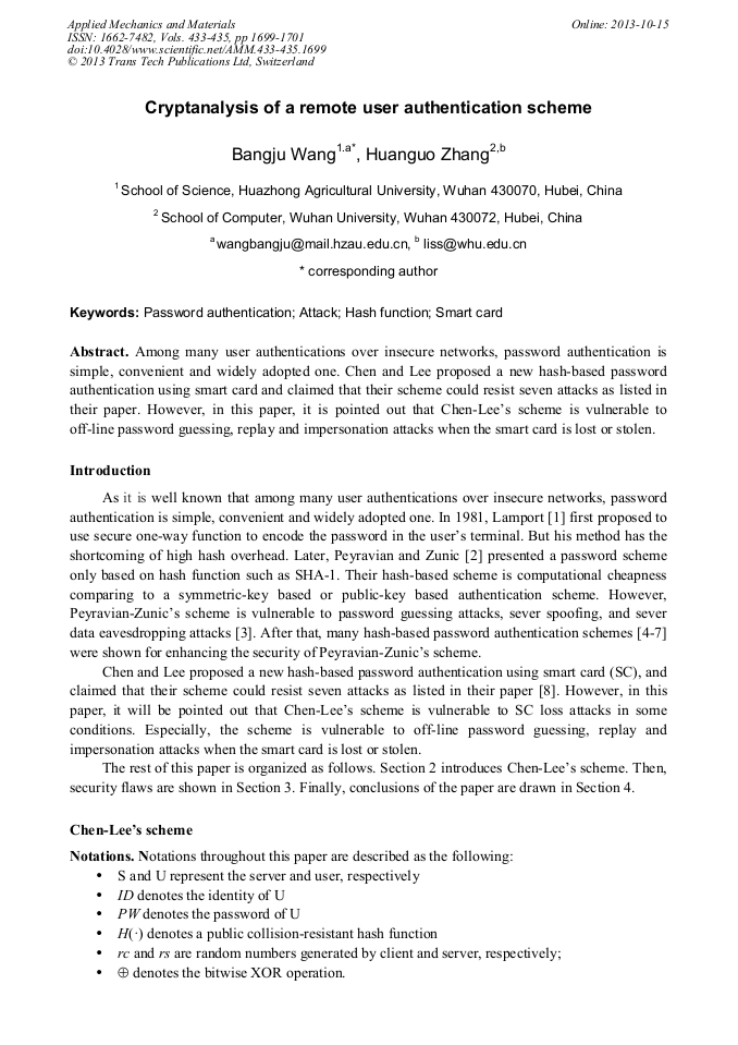 Cryptanalysis of a Remote User Authentication Scheme | Scientific.Net
