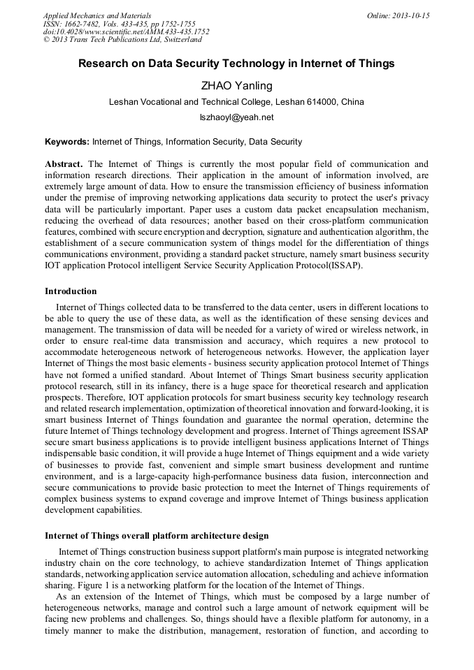 Research on Data Security Technology in Internet of Things | Scientific.Net