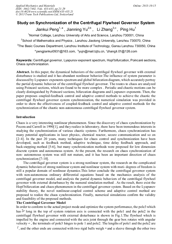 Study on Synchronization of the Centrifugal Flywheel Governor System ...