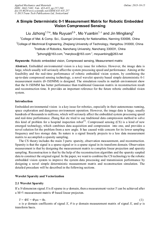 A Simple Deterministic 0-1 Measurement Matrix for Robotic Embedded ...